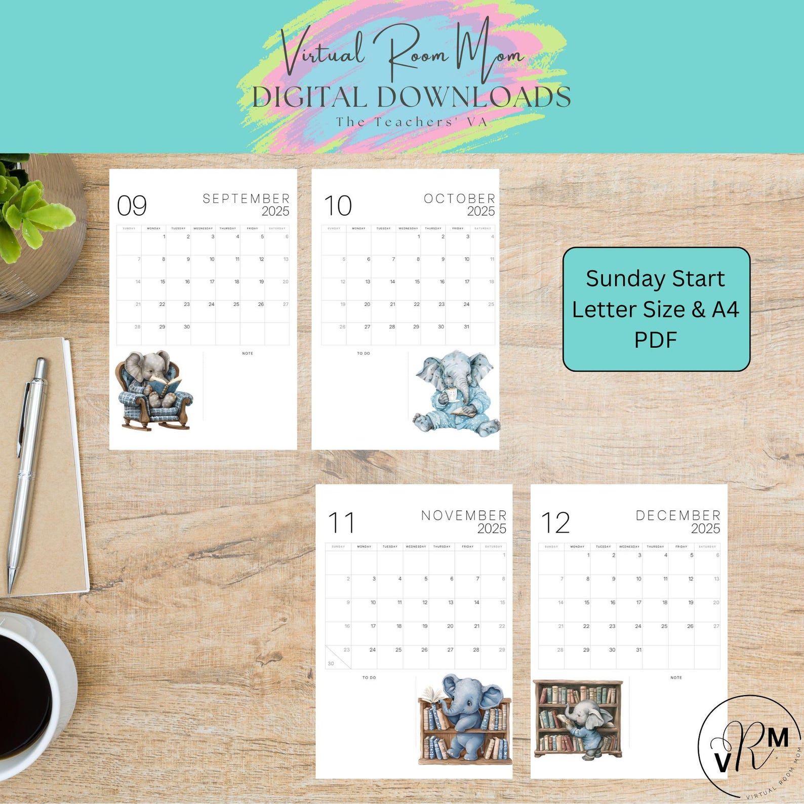 2025 Editable Monthly Calendar Sunday Starts Baby Reading Elephants ...