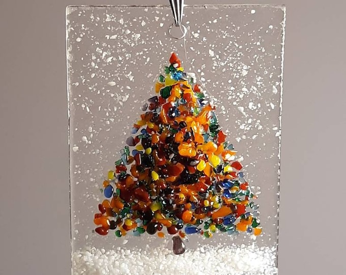 Fused Glass Snowy Tree Christmas Ornament Rainbow Chip Etsy