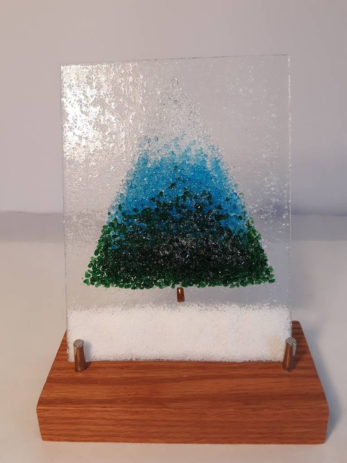 Fused Glass Snowy Tree Blue Green Ombré Fade on Wooden Base 6 Inch - Etsy