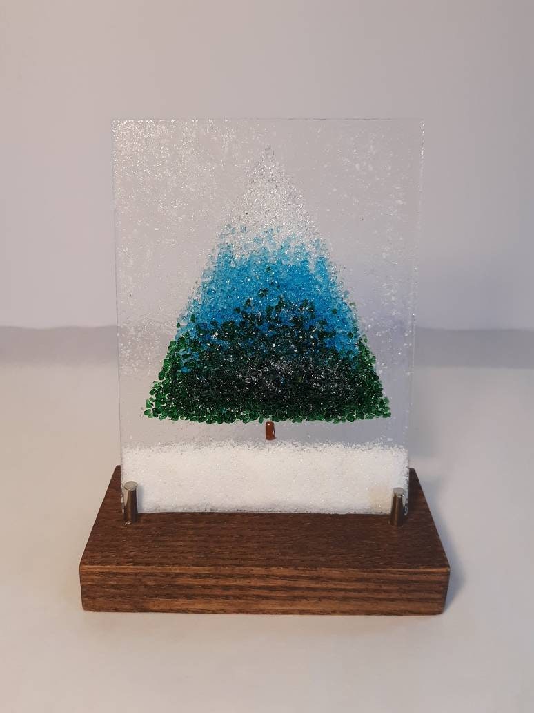 Fused Glass Snowy Tree Blue Green Ombré Fade on Wooden Base 6 Inch - Etsy
