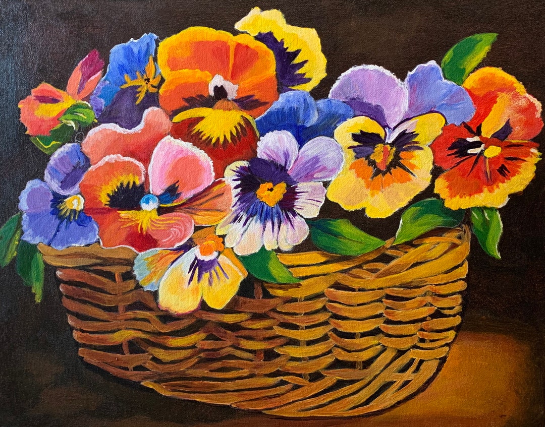 Pansies in a Basket, 16 X 20 Stretched Canvas, Acrylic Painting ...