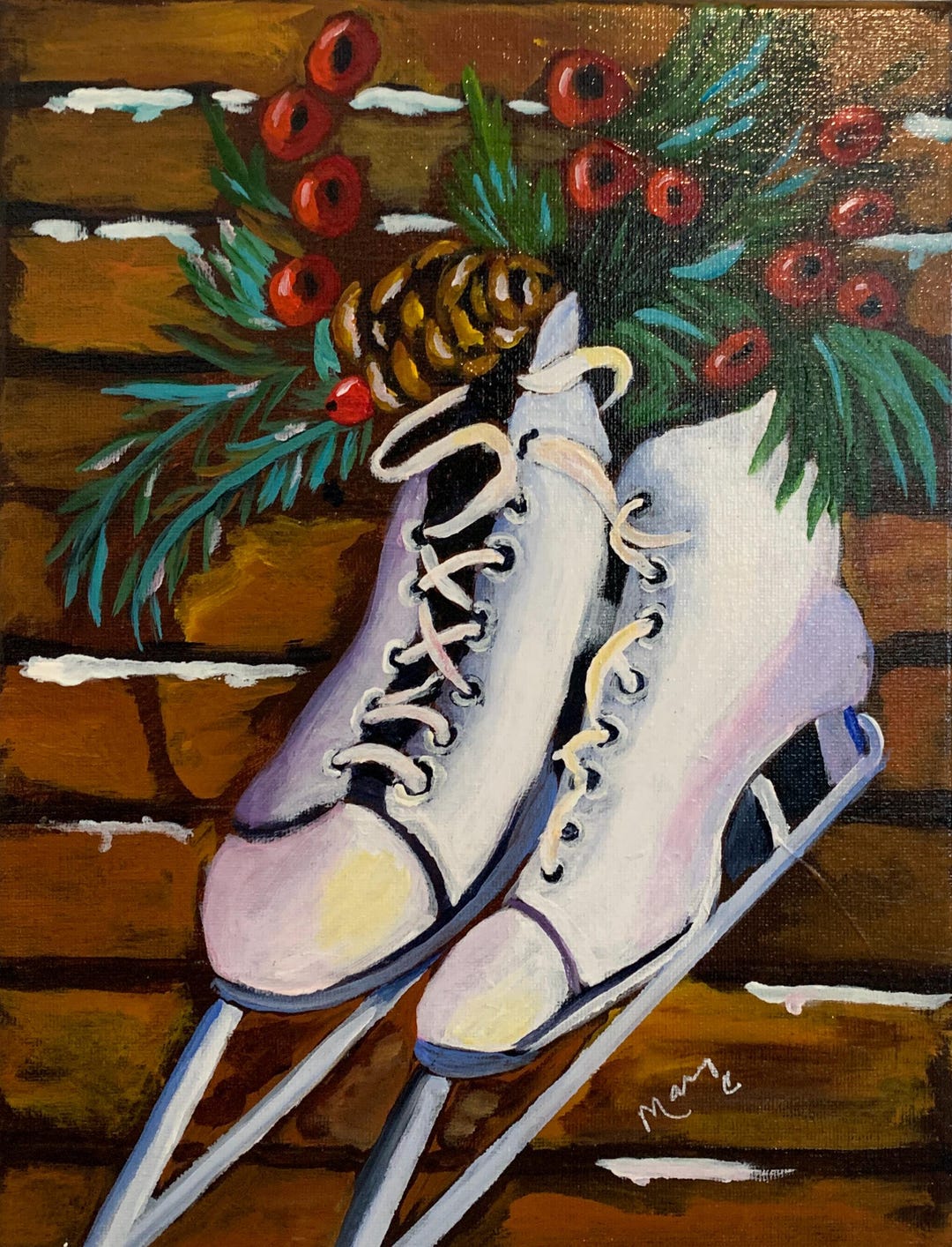 Ice Skates Acrylic Painting: Winter Holiday Wall Decor (9 X 12 ...
