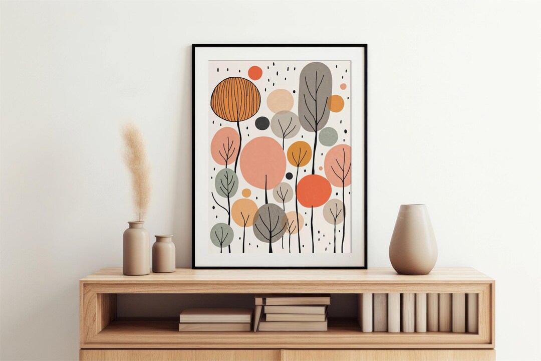 Modern Scandinavian Trees Painting Wall Art Print. Grey Orange Pink ...