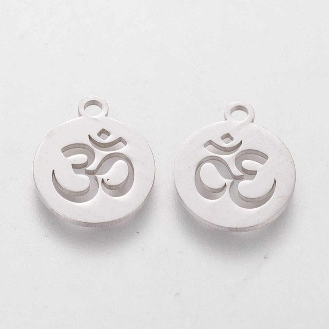 2 Pc 14mm Om Symbol Stainless Steel Protection Beads Silver Tone Yoga ...