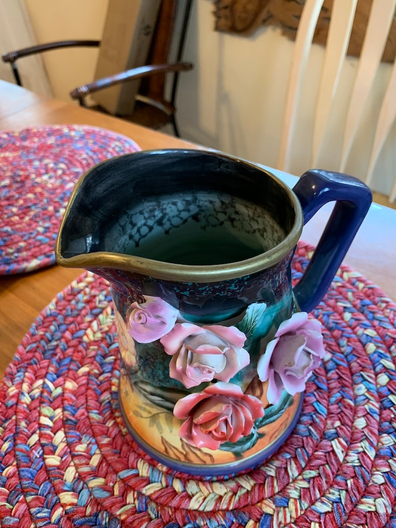 Art Pitcher Ewer Hand Painted and Applied Flowers 7-1/2T - Etsy