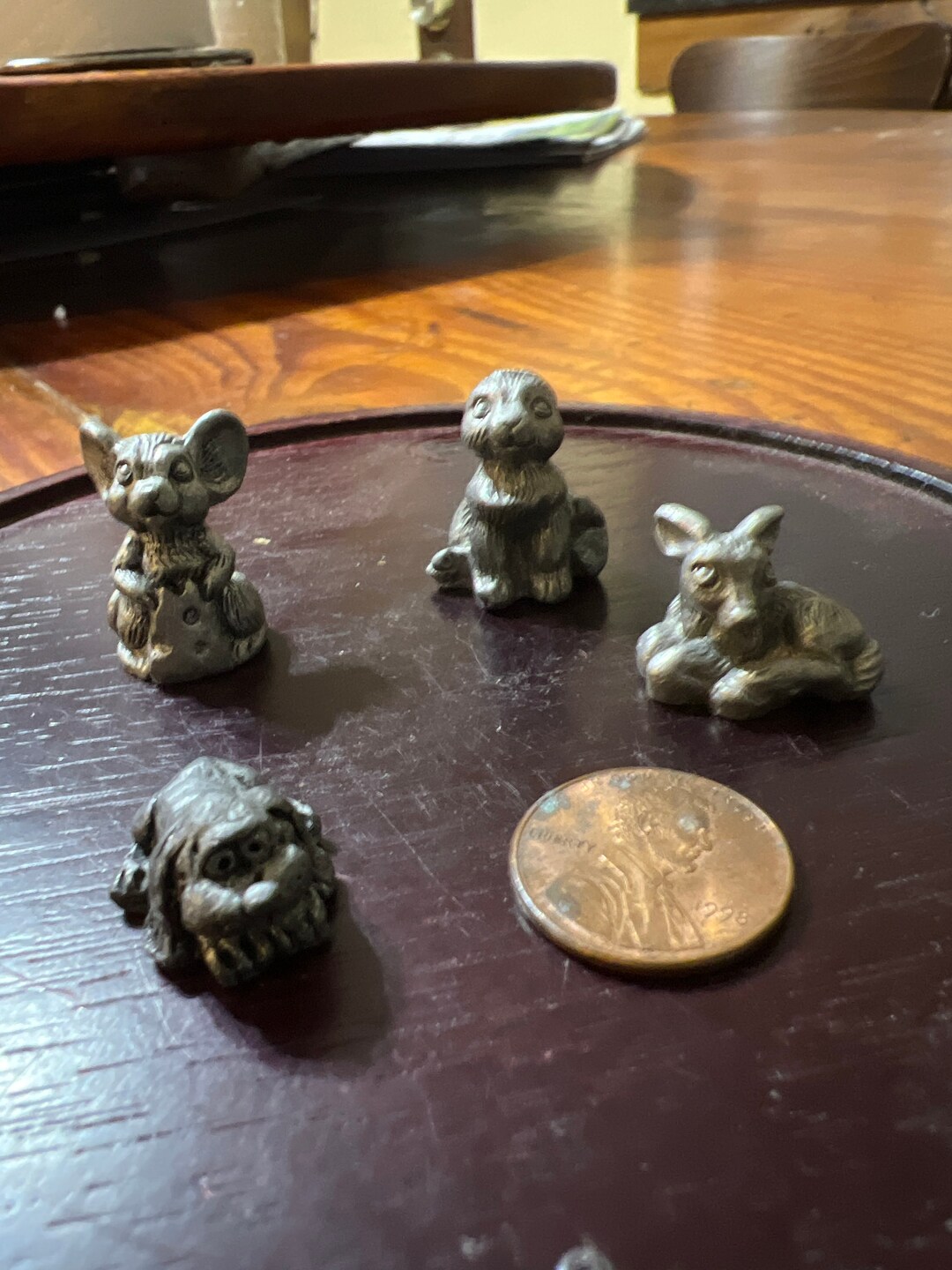 Set of Four Cute Small Pewter Animals Max. 7/8”T Puppy Fawn Bunny and ...
