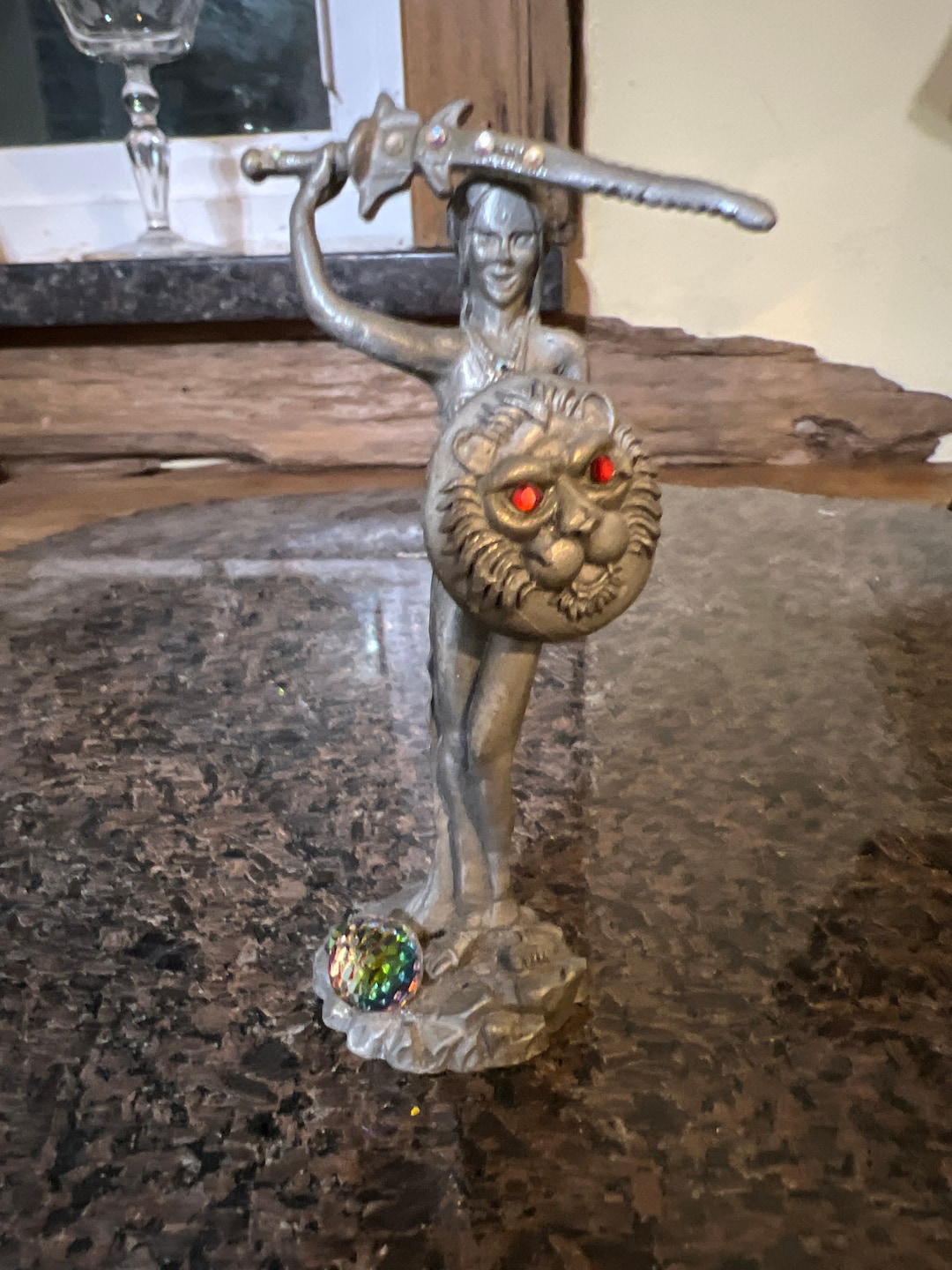 Fine Pewter Woman Warrior Figurine With Lion’s Head on Shield 3-1/2”T X ...