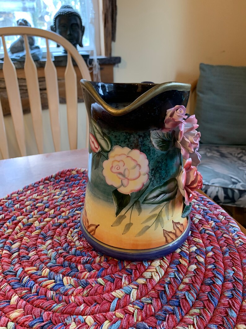 Art Pitcher Ewer Hand Painted and Applied Flowers 7-1/2T | Etsy