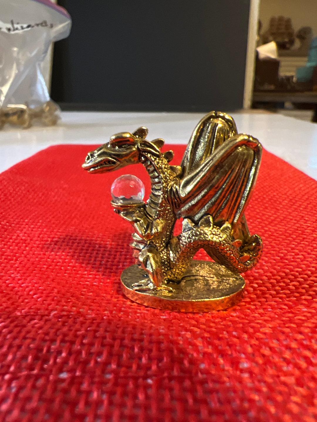 Very Small Gilded Pewter Dragon With Crystal Ball 1987 1-3/8”T X 1-1/4 ...