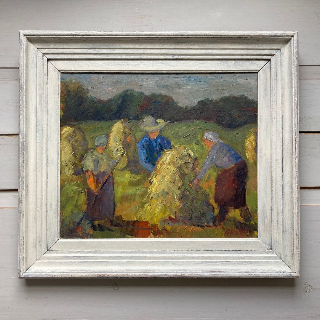 Vintage European Painting of Hay Stooks and Harvest Time - Framed Oil ...