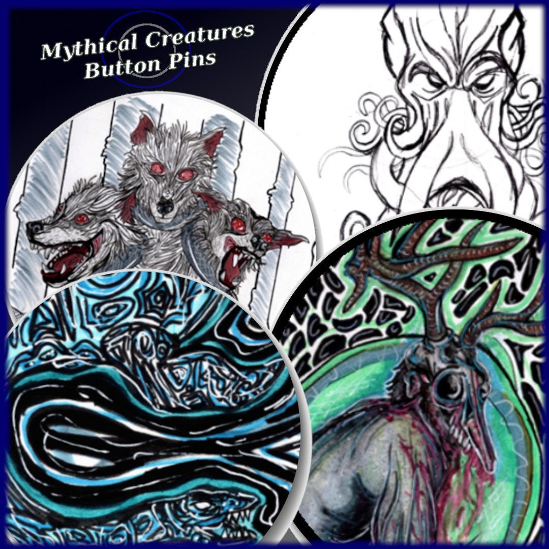 Mythical Creatures BUTTON PINS, Monsters, Magical, Mermaids, Wendigo ...