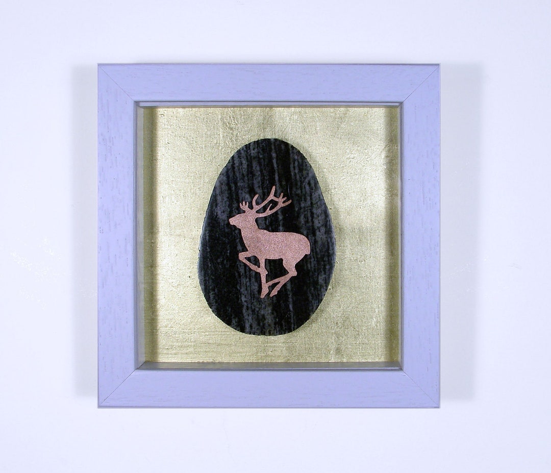 Stagtextured Copper Stag on Polished Arran Beach Stone Mounted on Gold ...