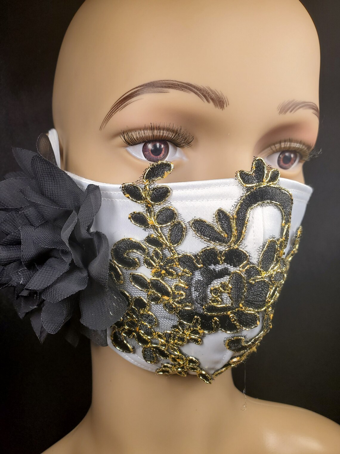White satin face mask with beautiful black and gold applique. | Etsy