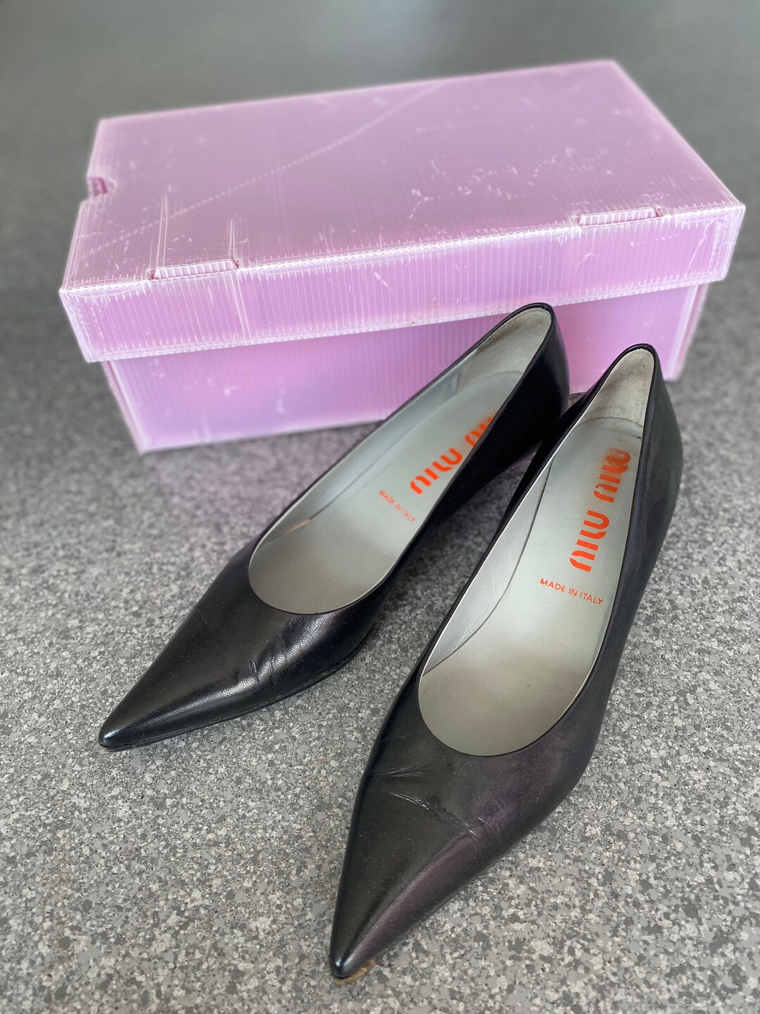 Miu Miu Black Leather Court Shoes With Unusual Triangular Heel Size 37. ...