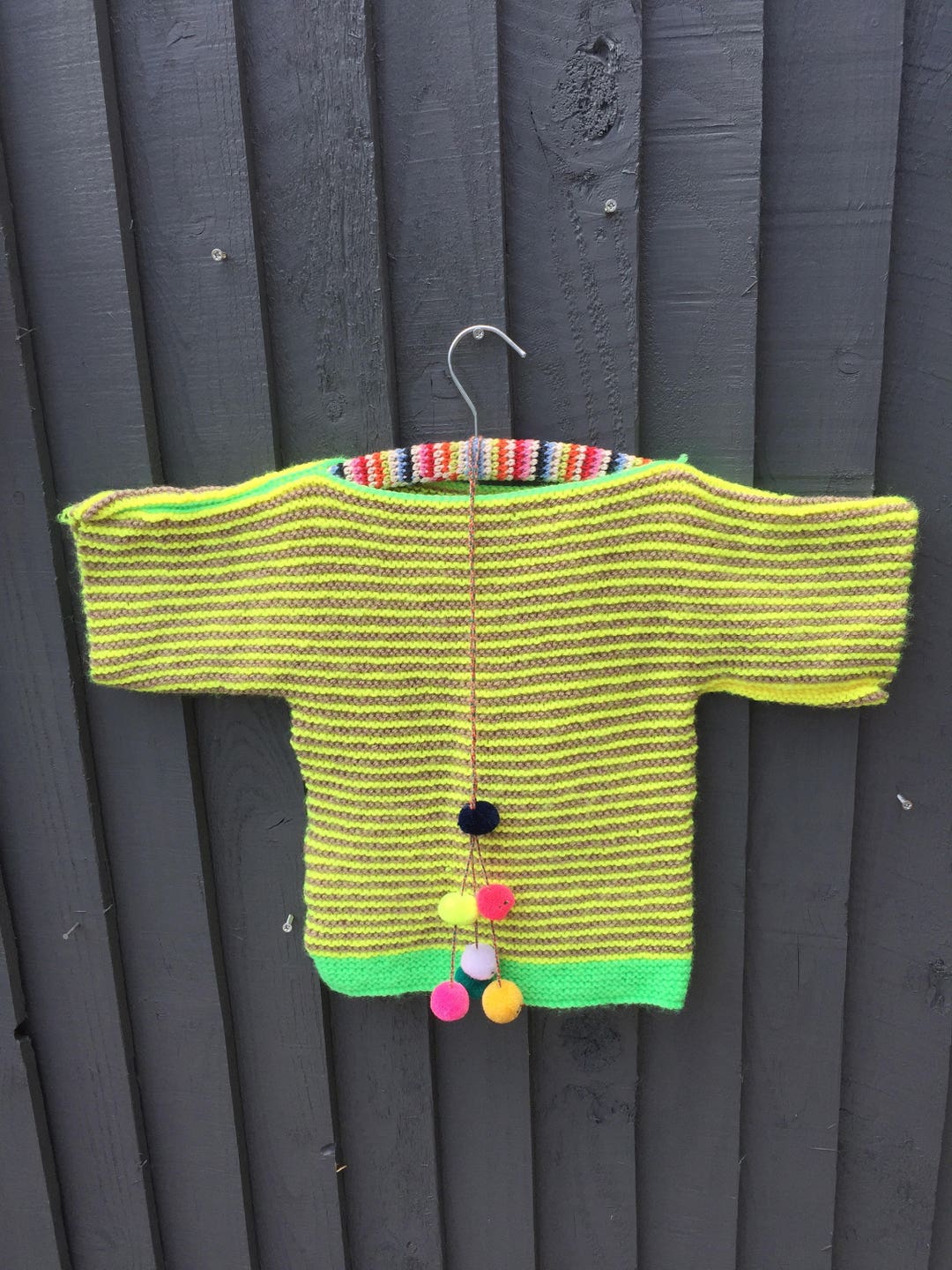 Stripy Hand Knitted Fluro Jumper Children's 2 - 3 Years Yellow & Green ...