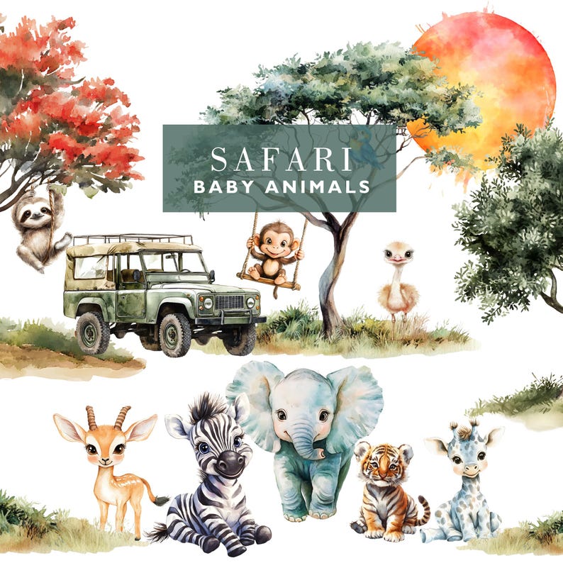 Watercolor Safari Animals Clipart: Jungle Animal PNG Bundle (digital ...
