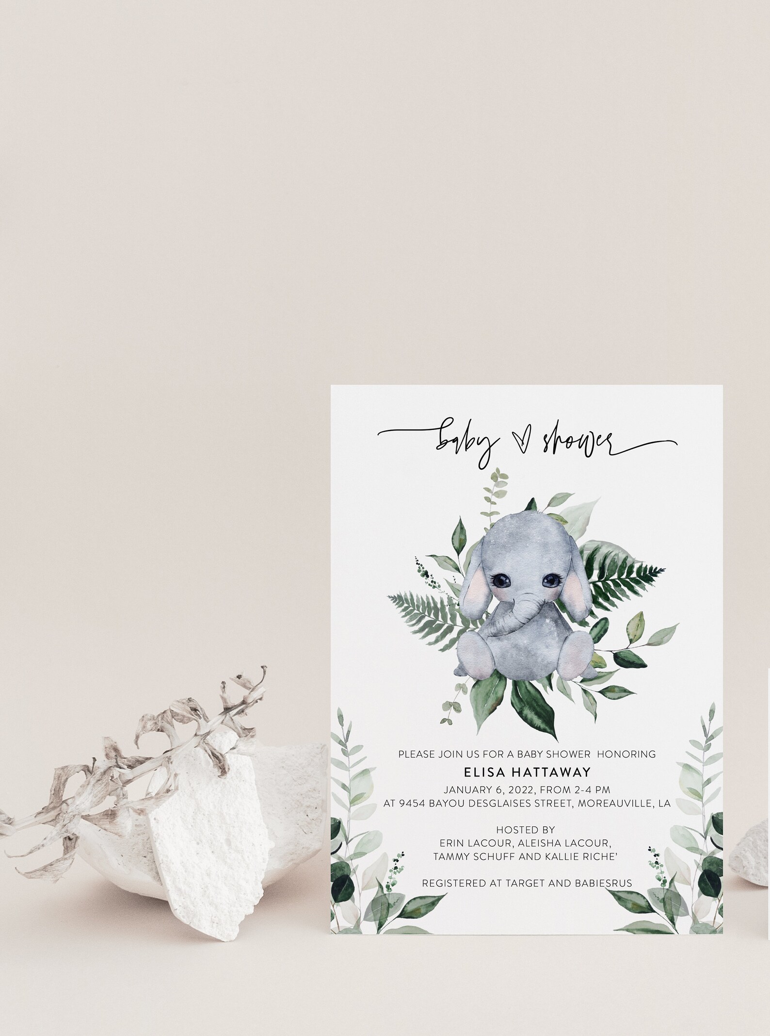 Elephant Baby Shower Invitation Template, Watercolor Greenery ...