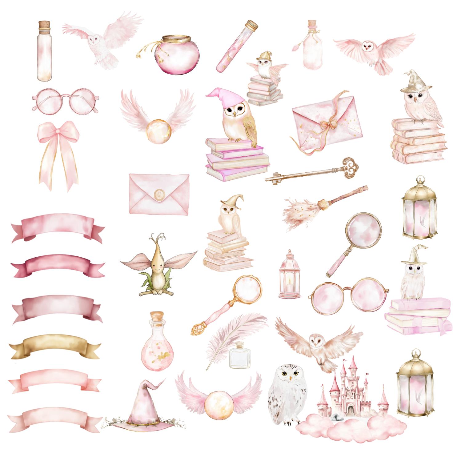 Pink Wizard Clipart PNG Set, Watercolor Magical Girl, Wizard School ...
