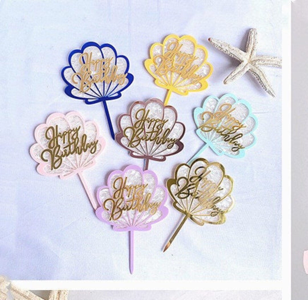 Happy Birthday Shell Cake Topper Acrylic Party Decorations Girls Blue ...