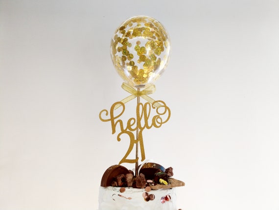 Gold Balloon Confetti Cake Topper Hello 21 Hollographic | Etsy