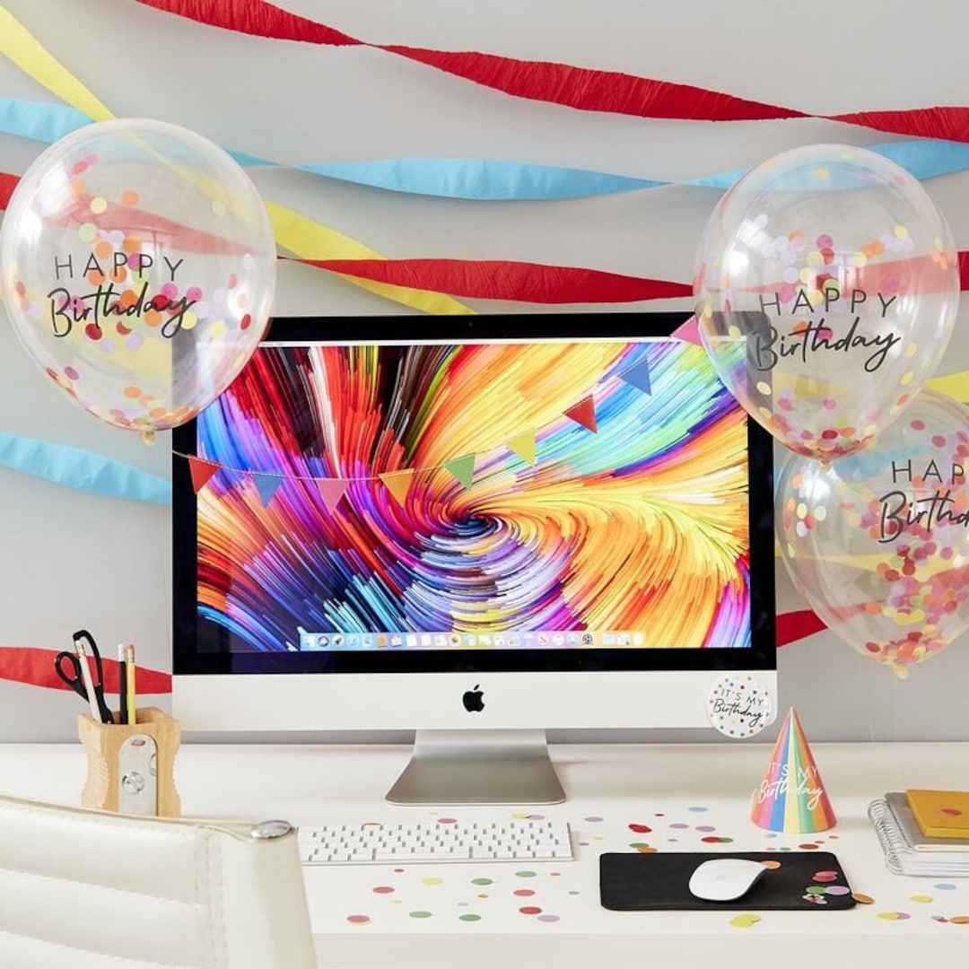 Birthday Party Set up Office Desk Balloon Confetti Decorations Bunting ...