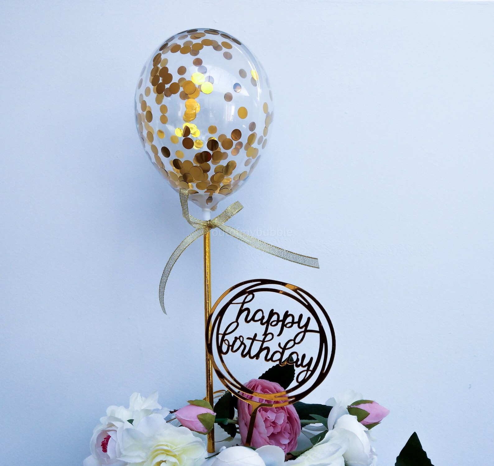 Gold Balloon Cake Topper Confetti, Balloon Topper, Anniversary, Happy ...