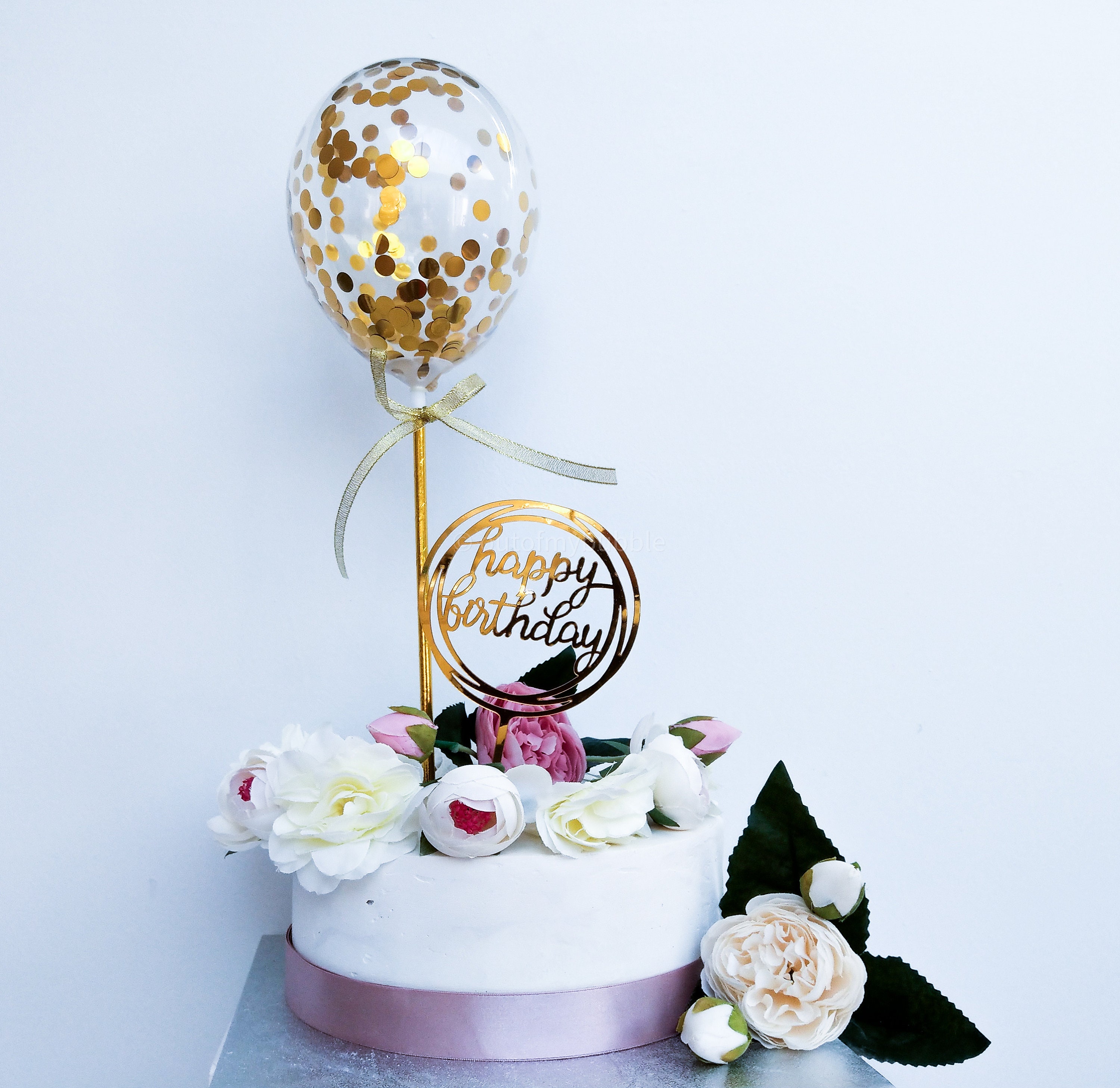 Gold Balloon Cake Topper Confetti, Balloon Topper, Anniversary, Happy ...