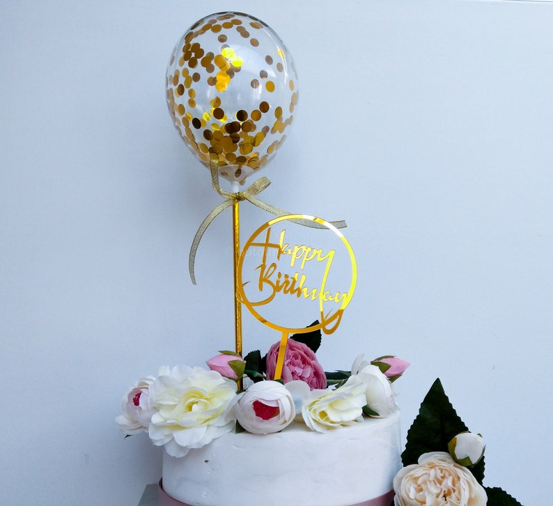 Gold Balloon Cake Topper Confetti, Balloon Topper, Anniversary, Happy ...
