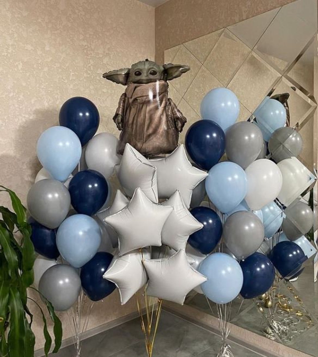 Balloon Bouquet Mandalorian Happy Birthday White Stars Navy Blue Grey ...