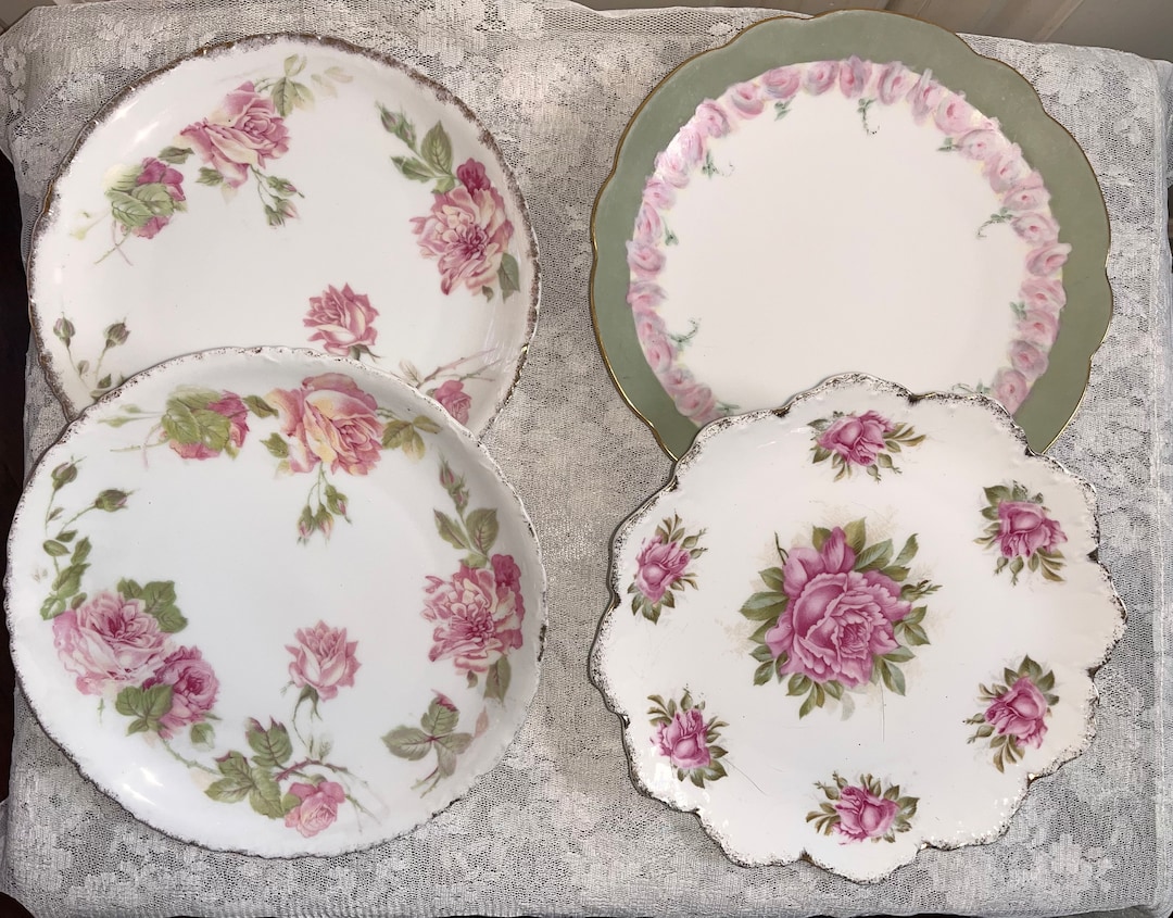 Set of 4 / Green & Pink Vintage Rose Plates - Etsy