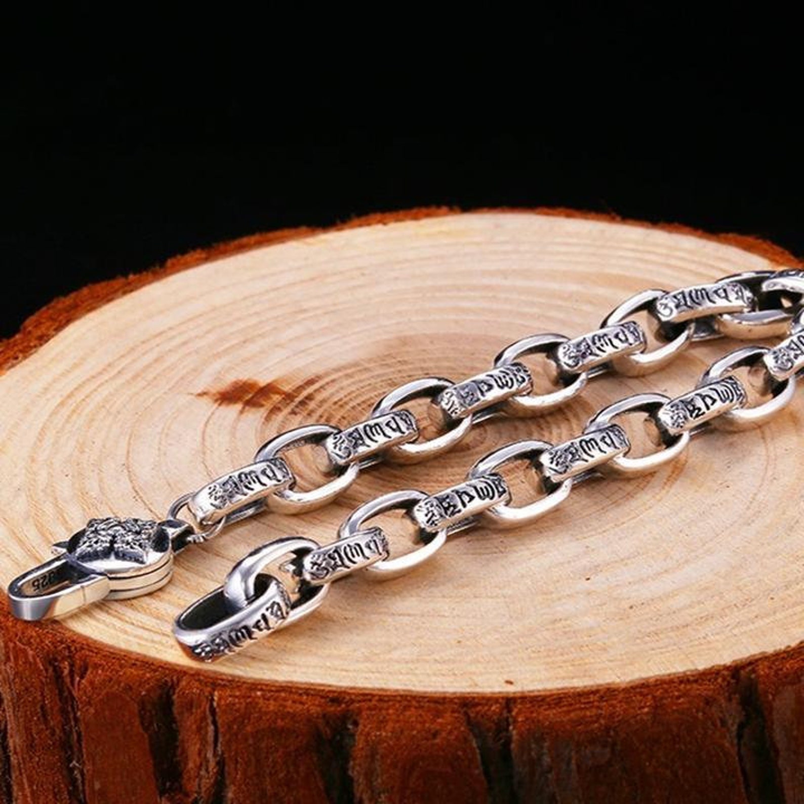 Silver Buddhist Mantra Chain Link Bracelet. - Etsy