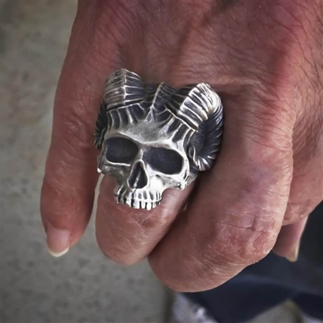 Men's Biker Demon Skull Ring Goat Baphomet Punk Gothic Horned Ring - Etsy