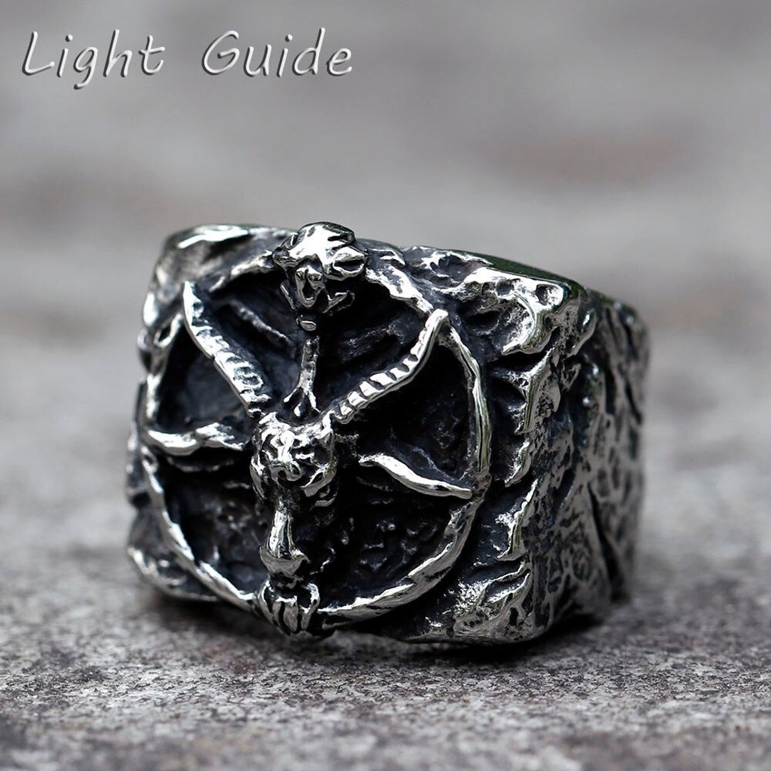 Baphomet Satanic Goats Head Ring Luciferian Large Horned Devil Punk ...