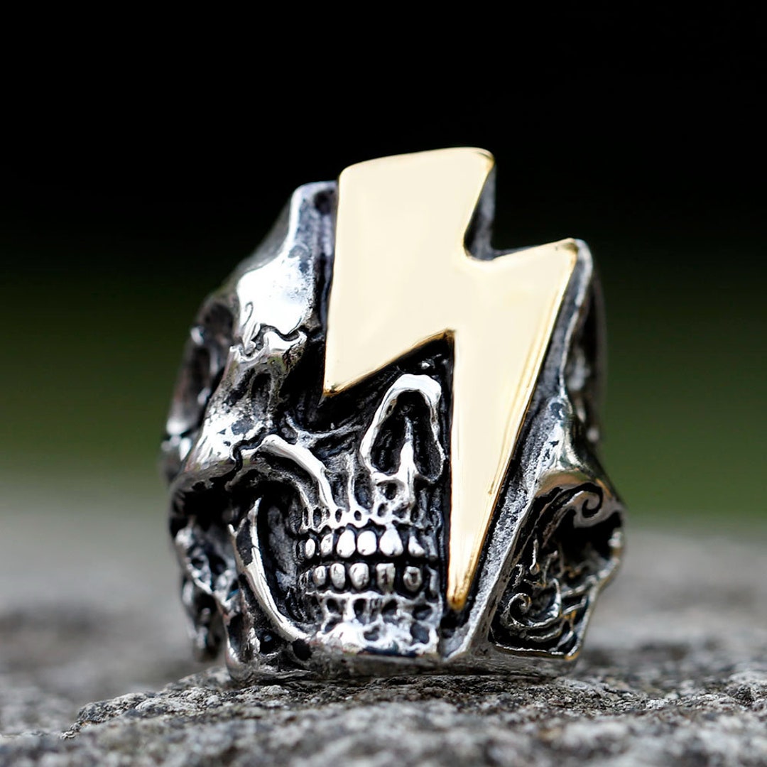 Men's Large Biker Skull With Lightning Bolt Stainless Steel Ring ...