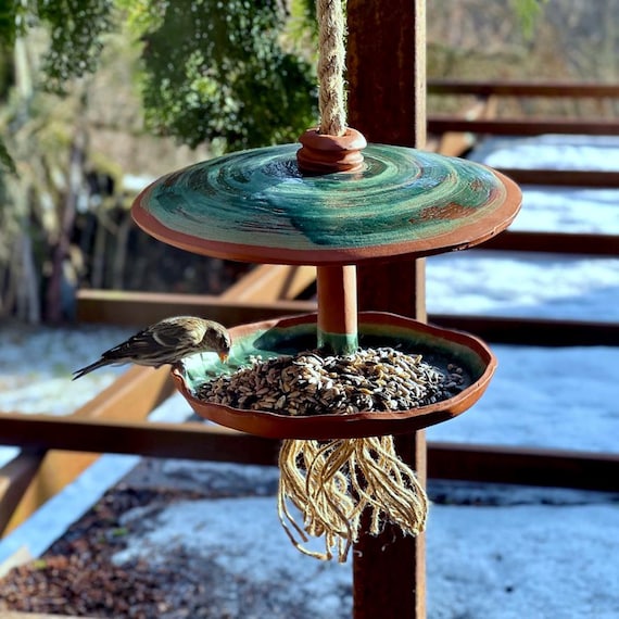 Hanging Ceramic Bird Feeder With Jute Rope Summer Water Feeder Etsy