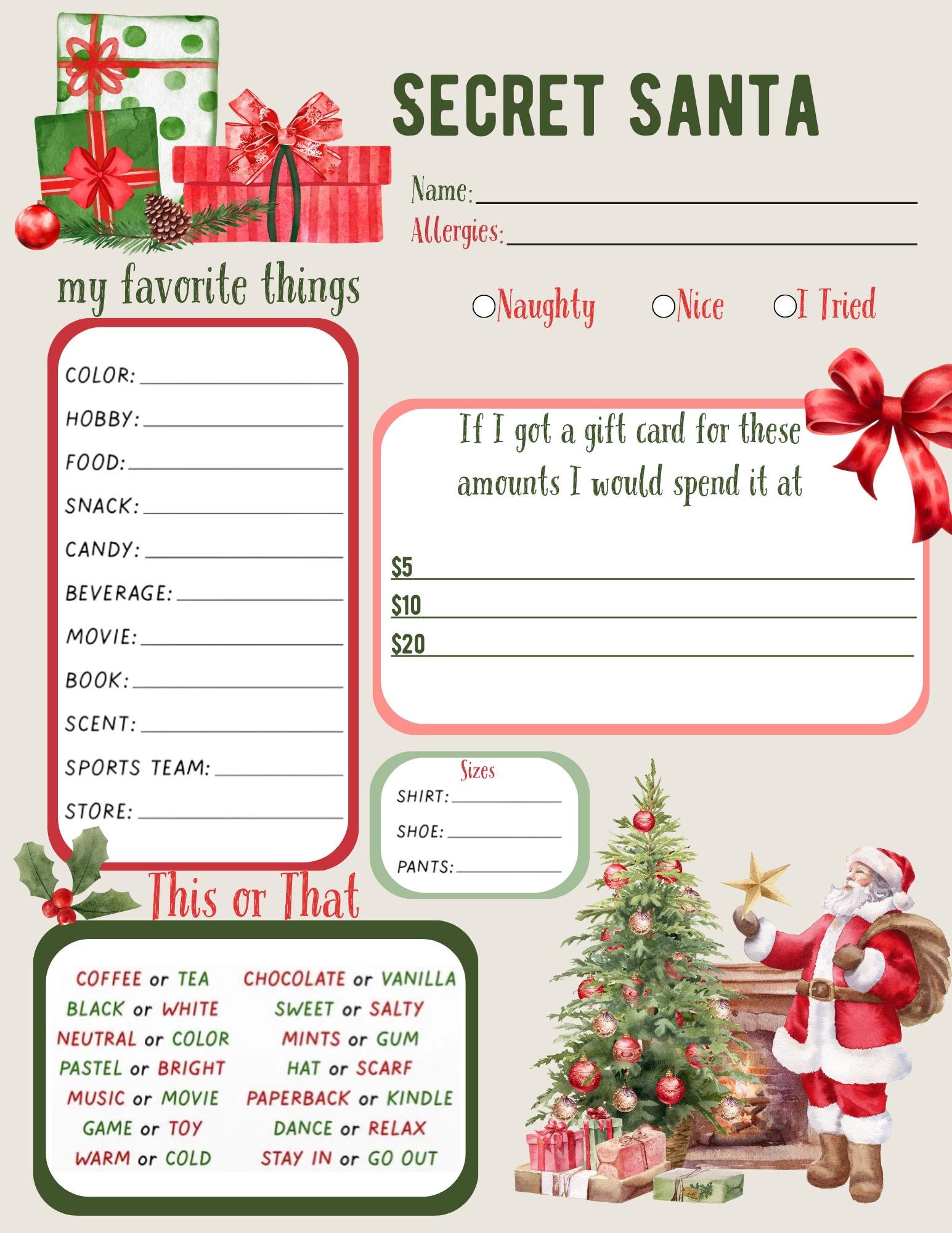 Secret Santa Questionnaire Download - Etsy
