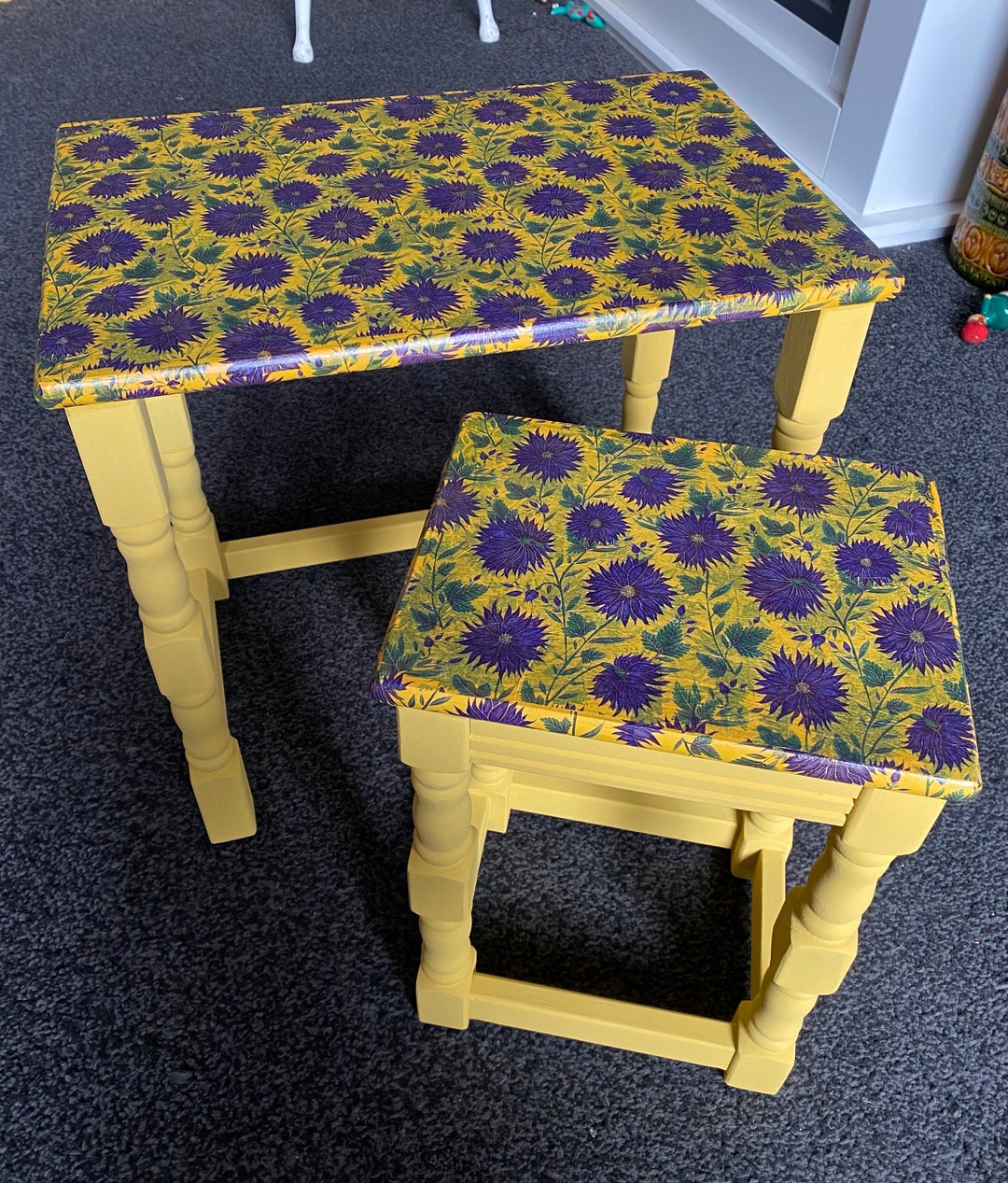 Pair of Upcycled Tables, Hand Painted Yellow With Decoupage Purple ...