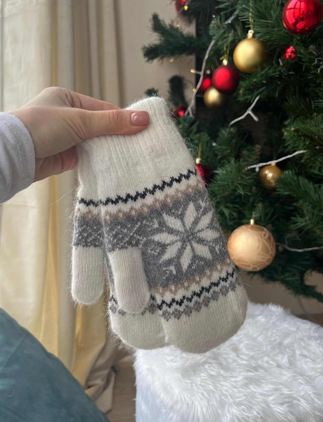 Ukrainian Angora Wool Mittens, White Knitted Mittens With Snowflake ...