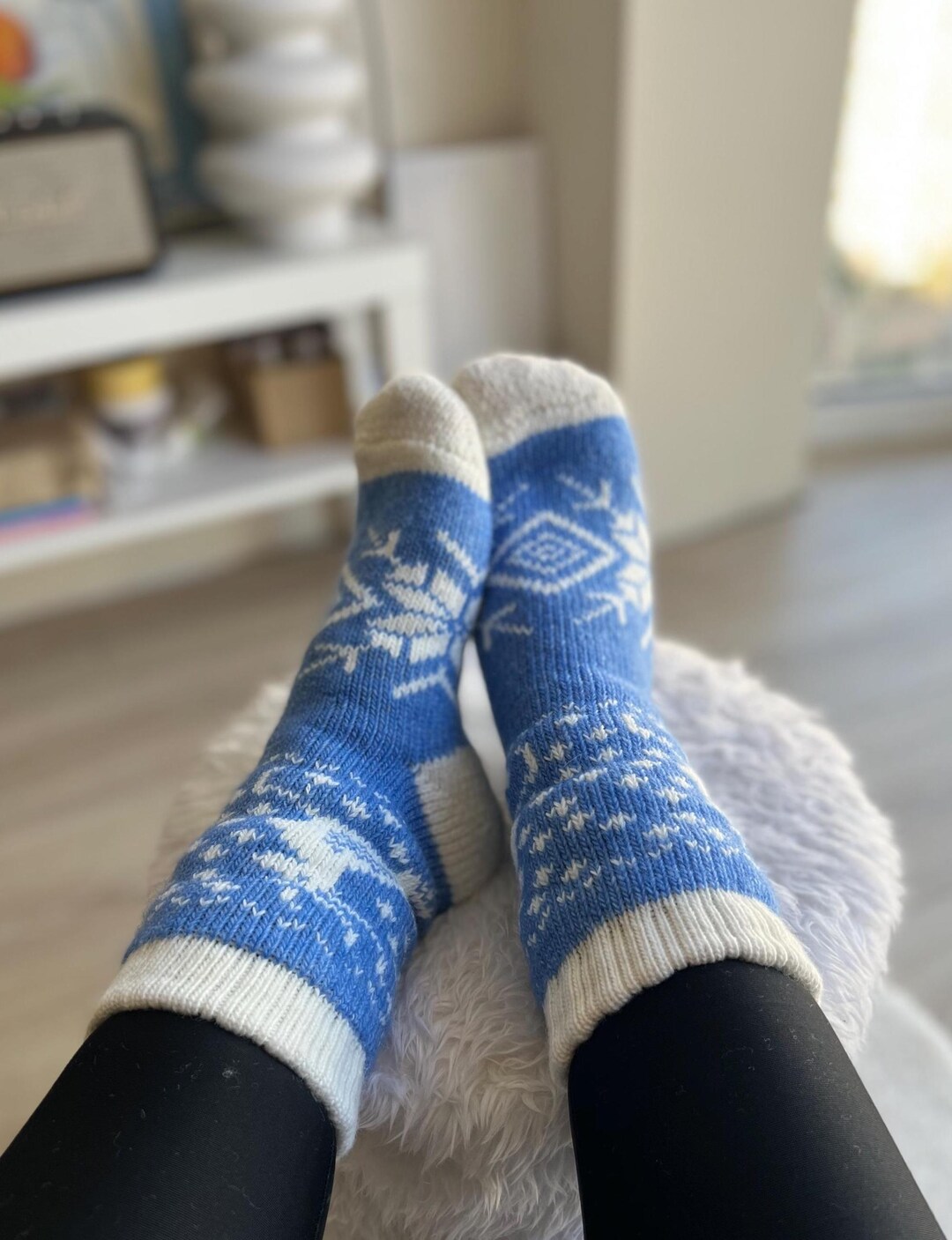 Wool Socks With Deer Ornament, Blue Christmas Socks, Unisex Ukrainian ...