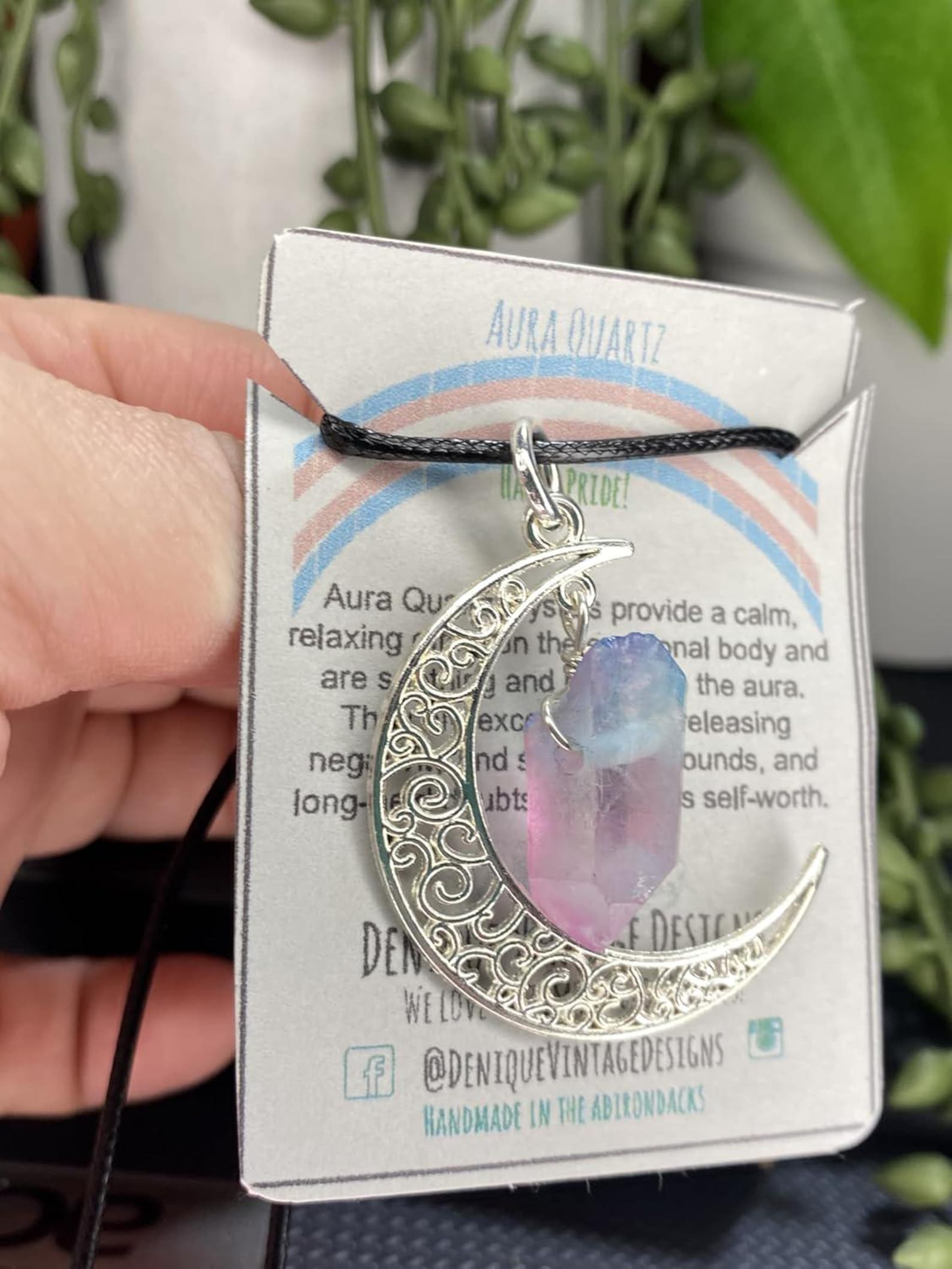 Trans Pride Blue Pink Quartz Point in Celtic Crescent Moon Pendant ...