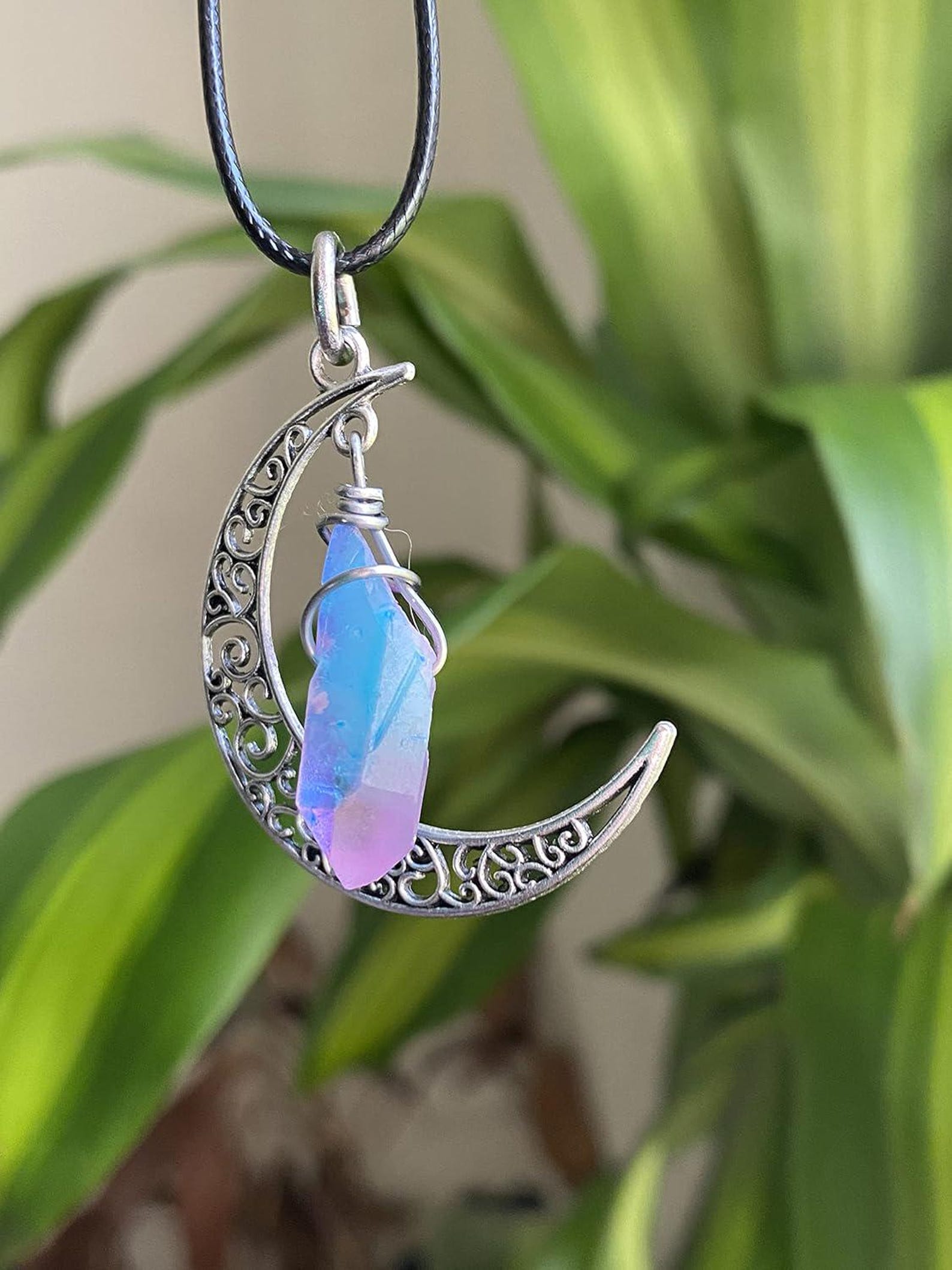 Trans Pride Blue Pink Quartz Point in Celtic Crescent Moon Pendant ...