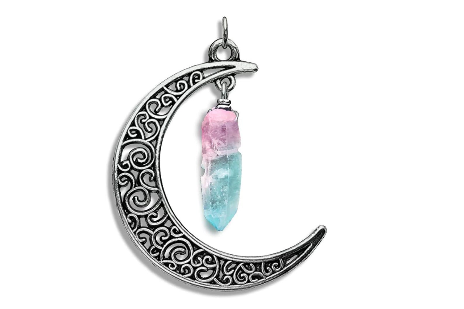 Trans Pride Blue Pink Quartz Point in Celtic Crescent Moon Pendant ...