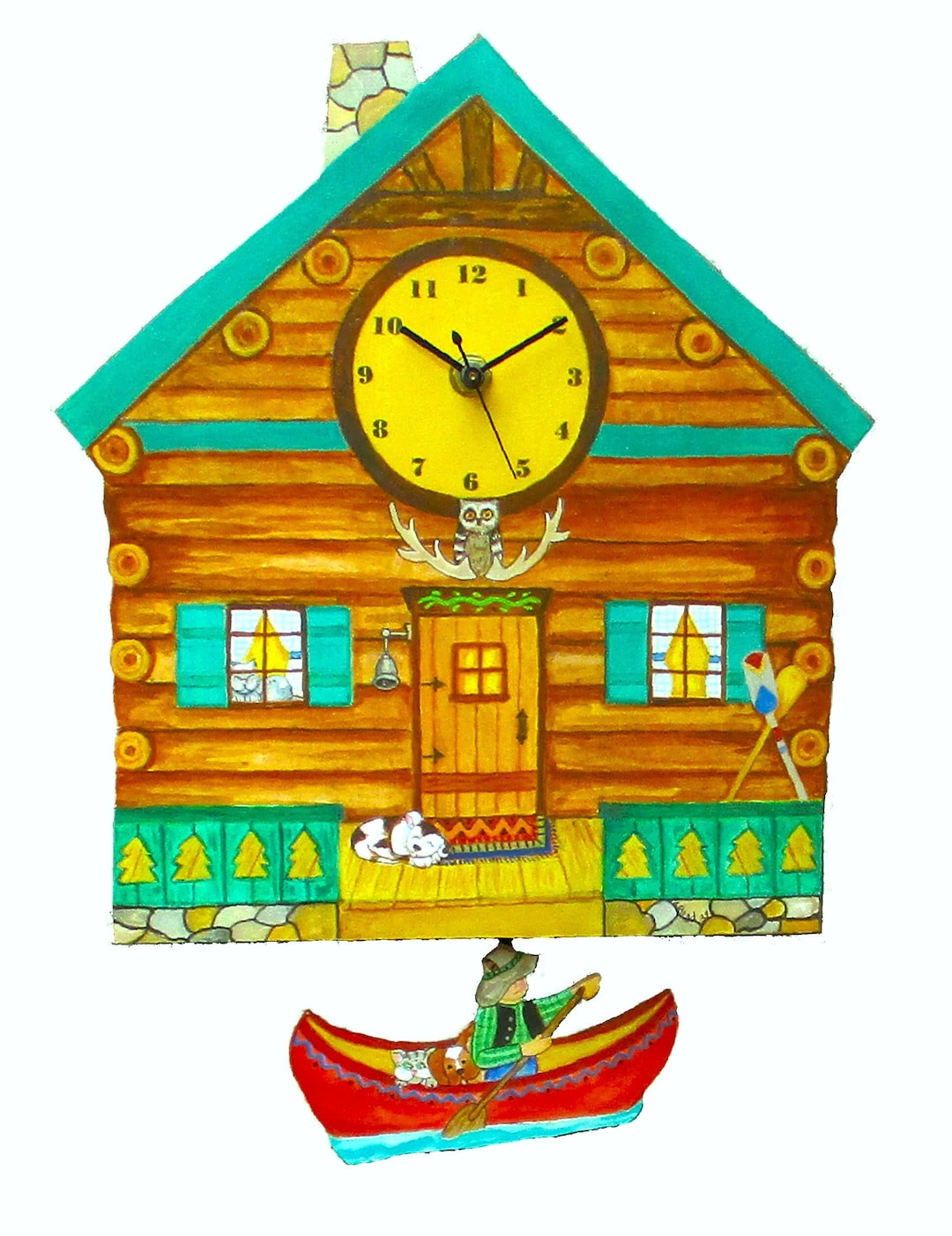 Log Cabin Lake House Time Clock With Canoe Pendulum Very Whimsical and ...