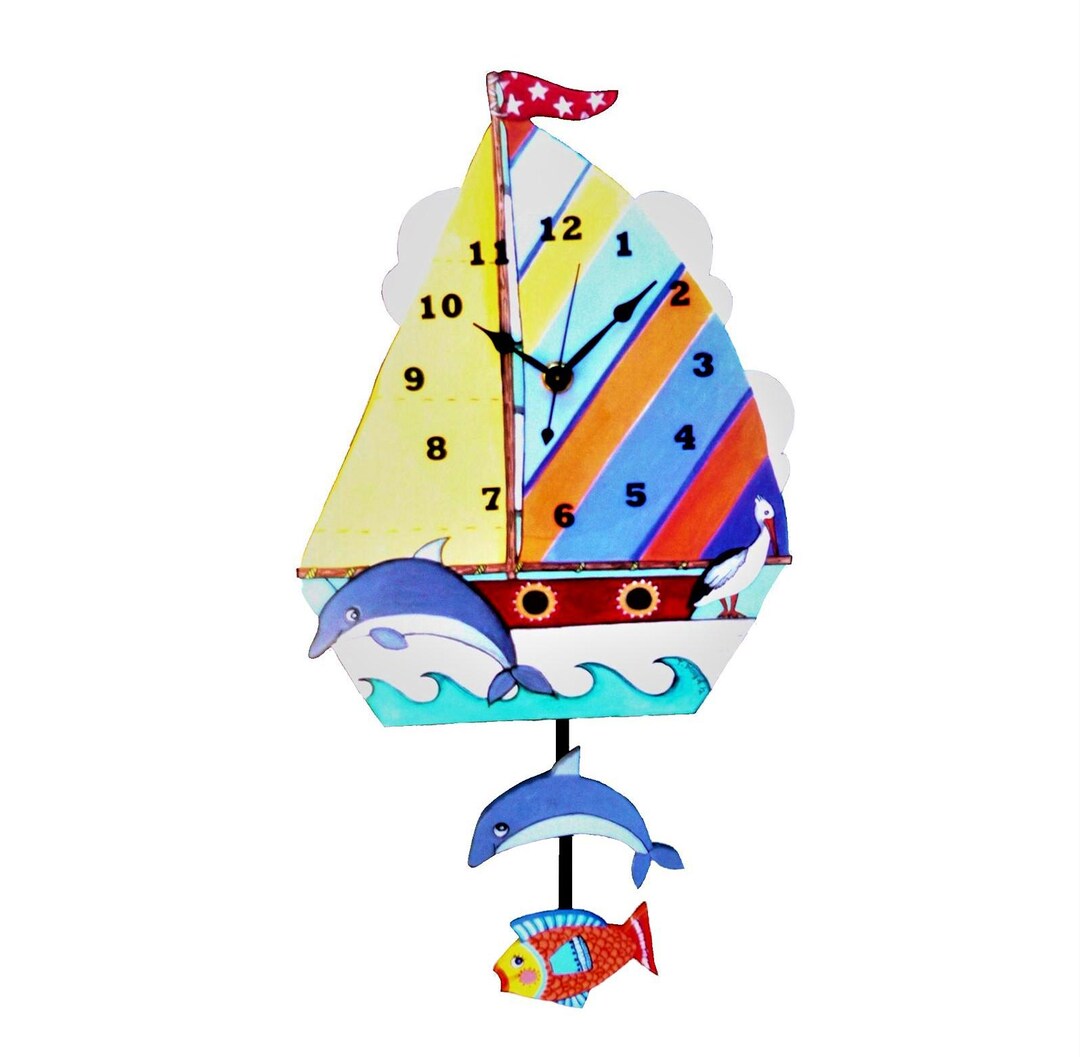 Sail Boat Nautical Theme Pendulum Clock With Dolphin , Fish and Pelican ...