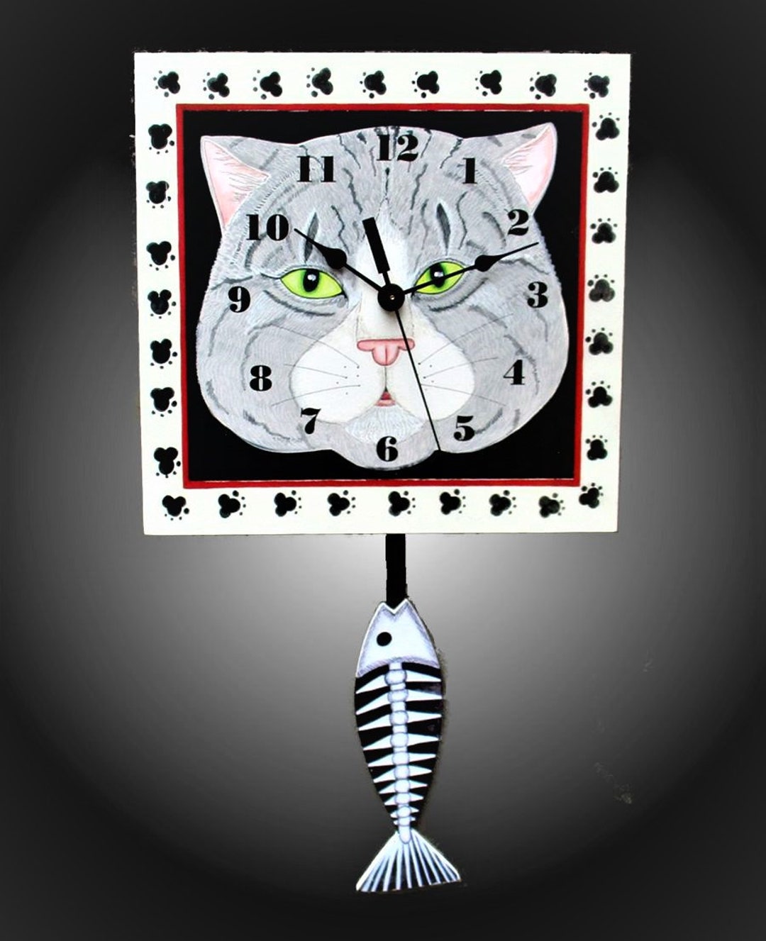 Whimsical Gray and White Tabby Cat Clock With Fish Skeleton Pendulum ...
