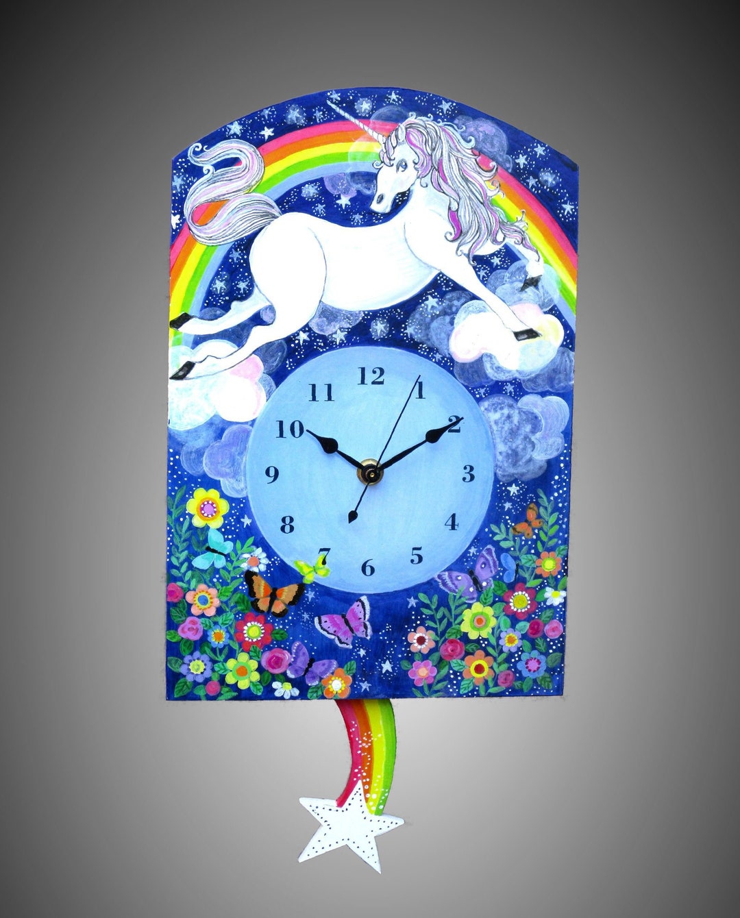 Celestial Rainbow Moon Unicorn Pendulum Clock Leaping Over a Full Blue ...