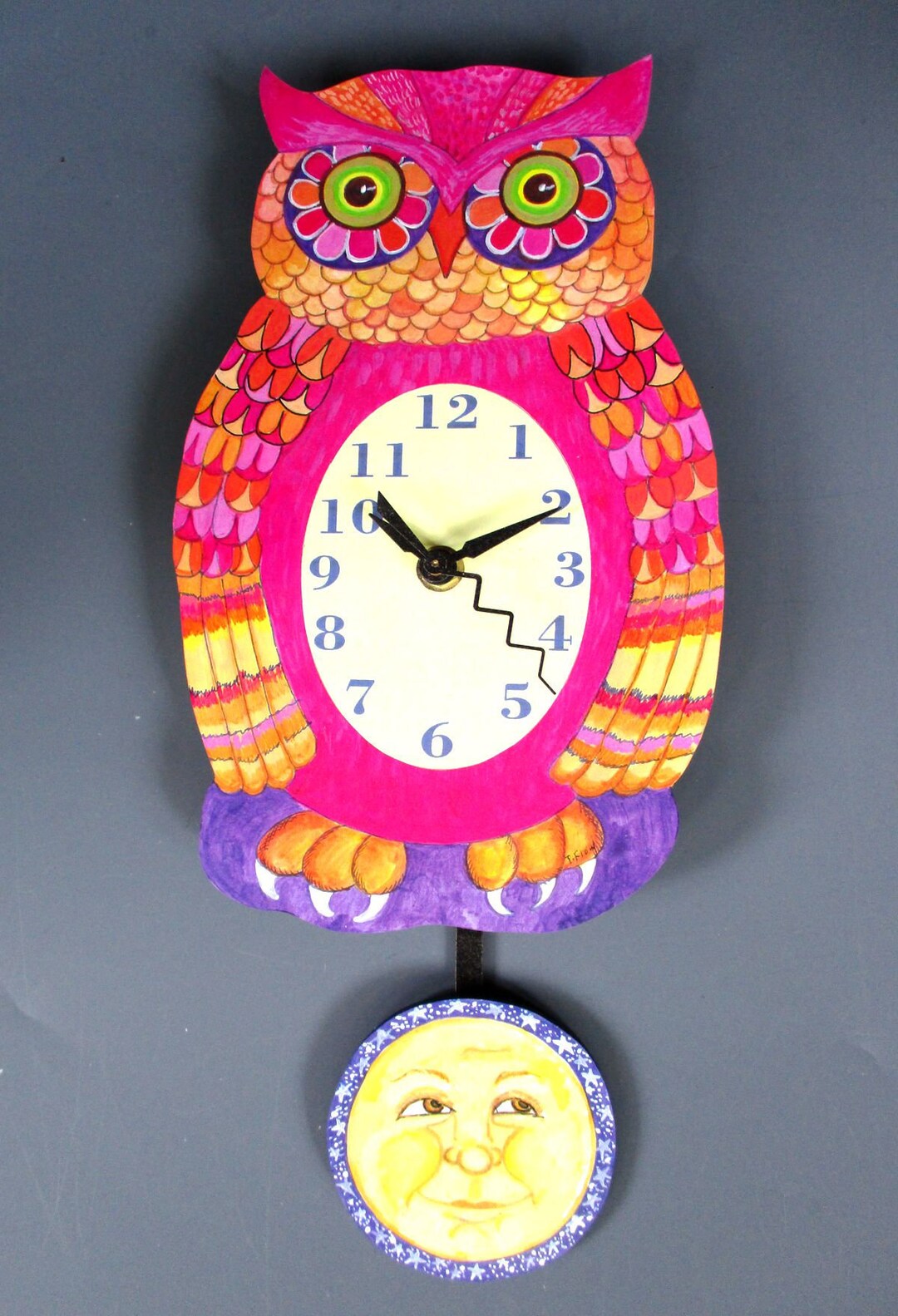 Magenta and Orange Owl Pendulum Clock With Yellow Full Moon Face Pendulum - Etsy