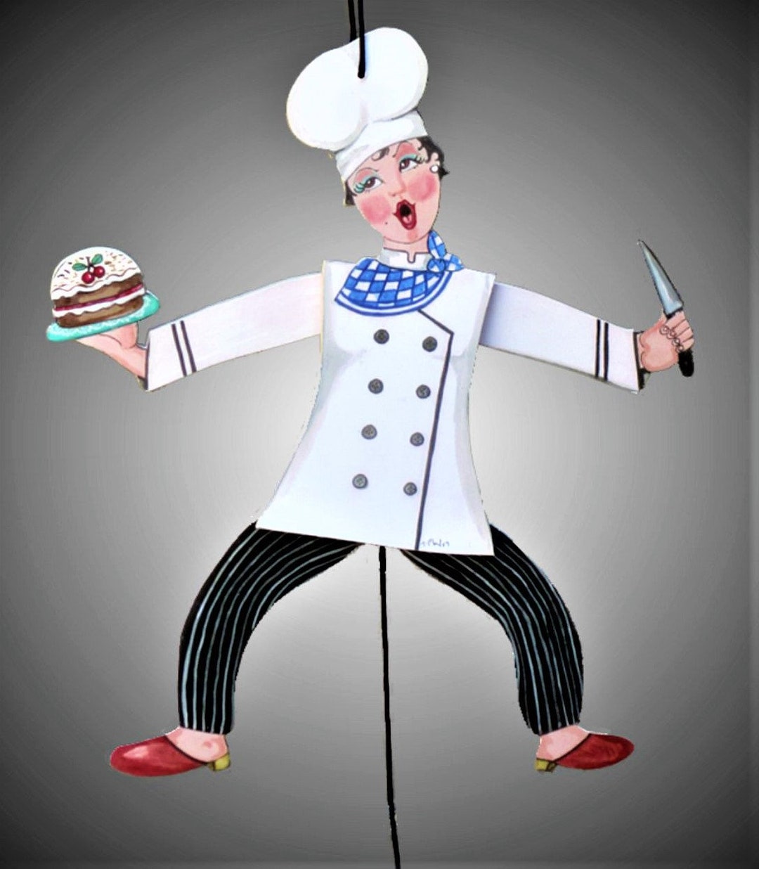 Girl Pastry Chef Wood Jumping Jack Pull String Puppet Unique Kitchen ...