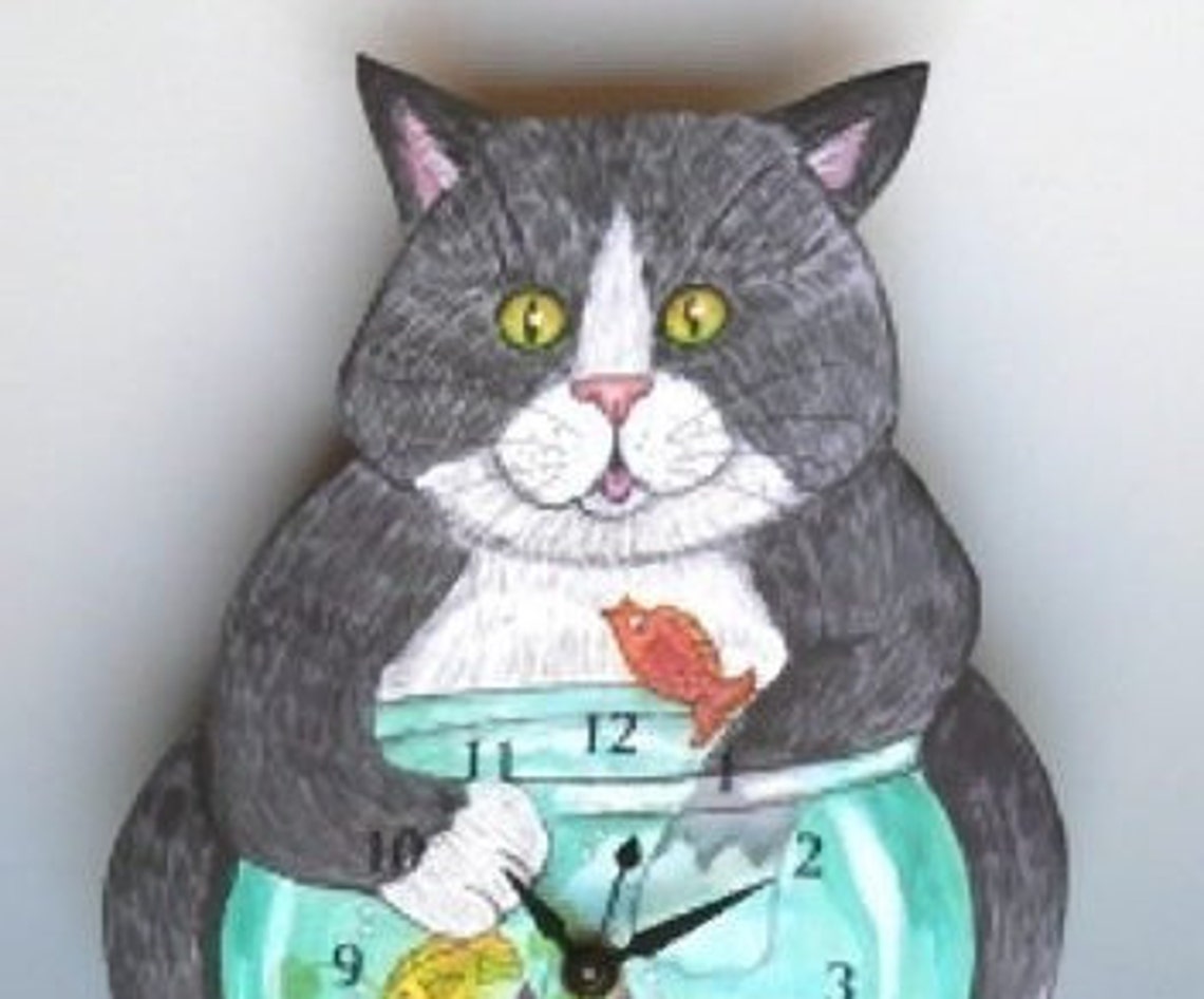 Whimiscal Tuxedo Fishing Cat Clock With Goldfish Bowl and - Etsy