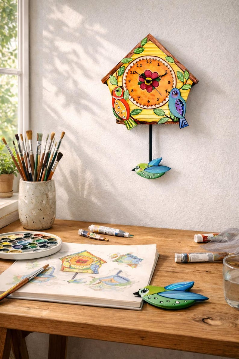 Whimsical Bird House Clock: Hand-painted Pendulum Wall Art - Etsy